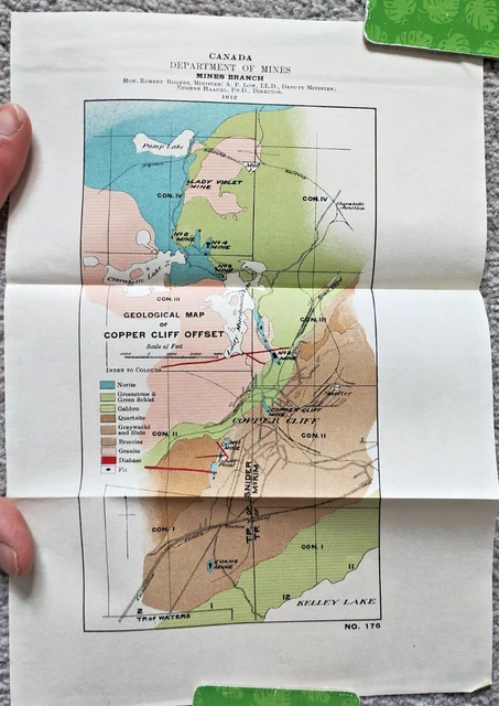 1913 ANTIQUE GEOLOGICAL Map of Copper Cliff Offset, Ontario - Canada £ ...
