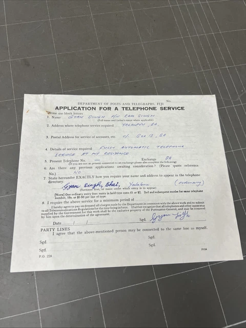 VINTAGE DOCUMENT APPLICATION FOR TELEPHONE SERVICE FIJI PMG 1960s ...
