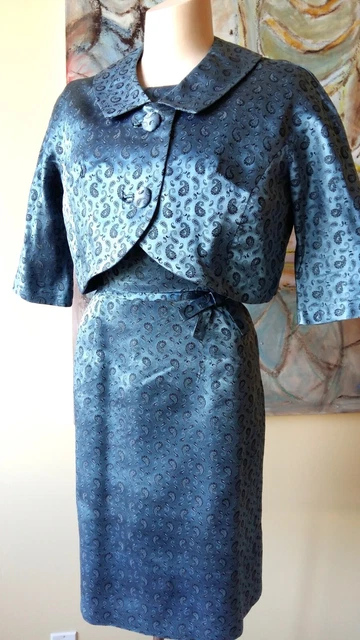 VINTAGE 1950S 50'S SATIN MYRTLE BLUE PAISLEY WIGGLE SUIT DRESS JACKET M ...