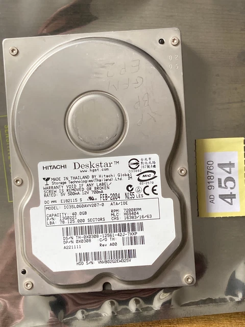 HITACHI DESKSTAR 40 GB ATA IDE DISCO RIGIDO INTERNO IC35L060AVV207-0 ...