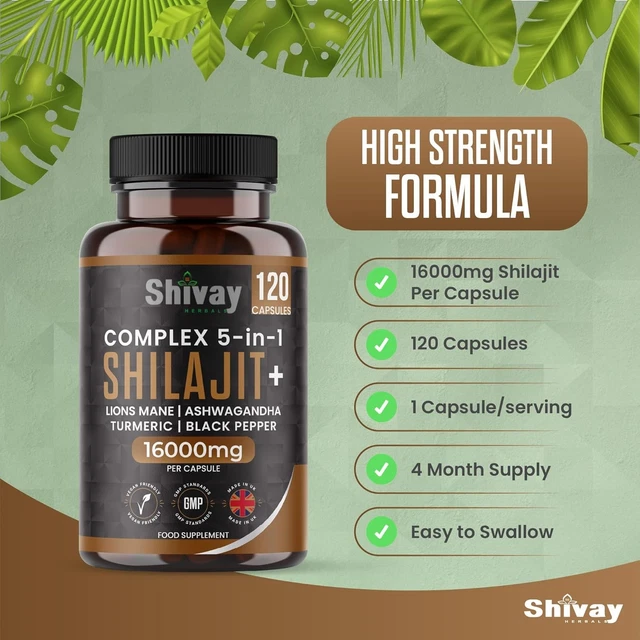 SHILAJIT 16000MG COMPLEX 5 in 1 with Ashwagandha + Lions Mane | 120 ...