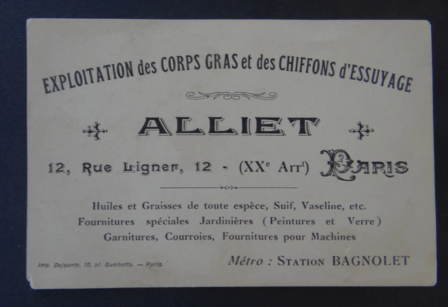 ANCIENNE CARTE DE visite ALLIET Paris Huile graisse Jardinière Vaseline ...