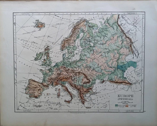 1896 ANCIEN CARTE Europe Physique Pays Hauteurs Îles Britanniques ...