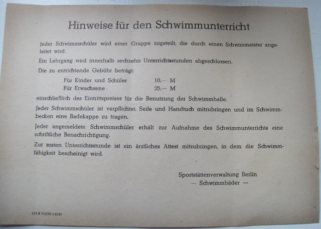 HINWEISE FÜR DEN Schwimmunterricht Berlin 1970 DDR Schulschwimmen ...