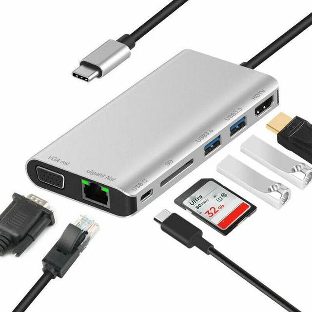 8 IN1 USB-C to Type-C USB3.0 HDMI 4K VGA RJ45 Adapter SD HUB Multi ...