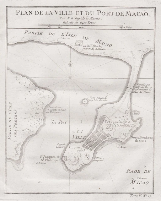 MACAU MACAO CHINE Asiatique Fort Port Carte Map Gravure sur Cuivre ...