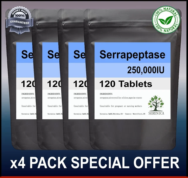 SERRAPEPTASE 250,000IU HIGH strength enteric coated, 120 x 4 pack, 480 ...