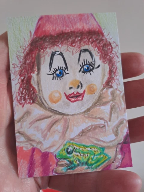 CROQUIS ORIGINAL DESSIN au crayon couleur ACEO ATC GRENOUILLE CLOWN ...