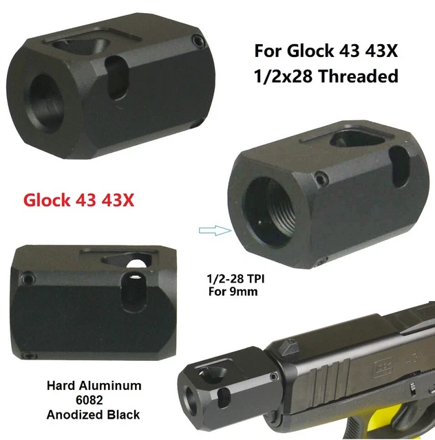 GLOCK 43 43X Muzzle Brake 1/2x28 TPI Compensator, Side,Top Flushed With ...