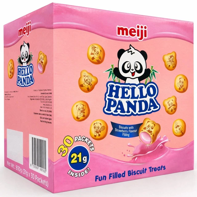 MEIJI HELLO PANDA Strawberry Filling Biscuit Bite Size Treat Packets Pack 30x21g £12.99 ...
