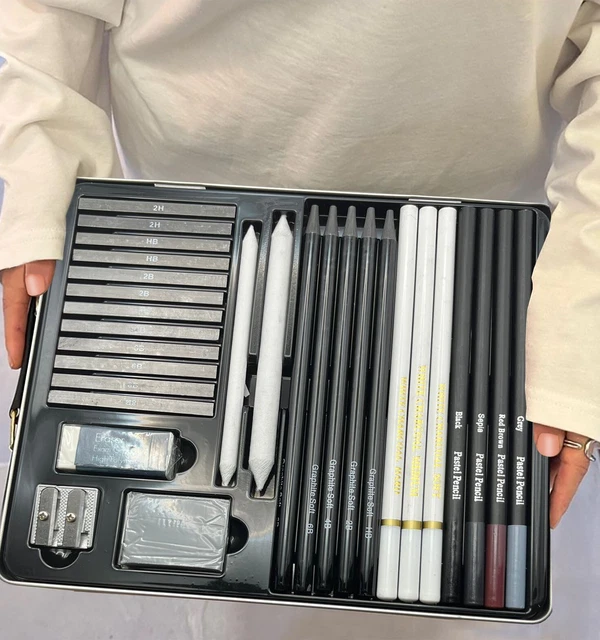 ARTIST DRAWING SET Tin Sketching Box Pencils Pastels Charcoal Graphite ...