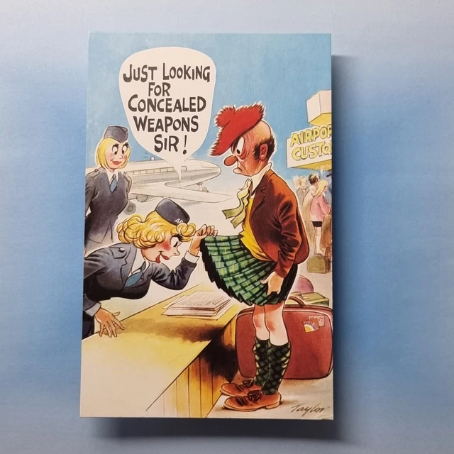 COMIC POSTCARD AIRPORT Cabin Crew Scot Kilt Concealed C1975 Bamforth ...