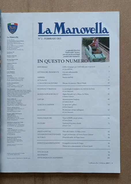 RIVISTA LA MANOVELLA n.02 Febbraio 2015 Autobianchi Alpine Renault Fiat ...