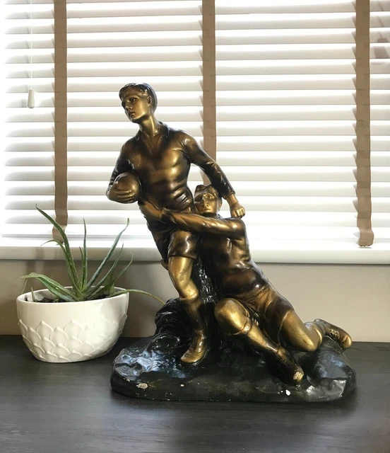 ART DECO STATUE Rugby Tackle Plaster Novella in Gold 1930s Figurine £50 ...