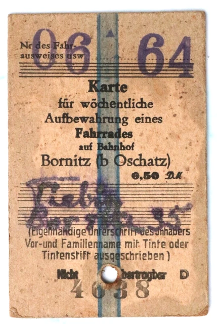 EDMONDSONSCHE FAHRKARTE - Karte Fahrradaufbewahrung Bahnhof Bornitz 06. KW 1964 EUR 5,80 ...