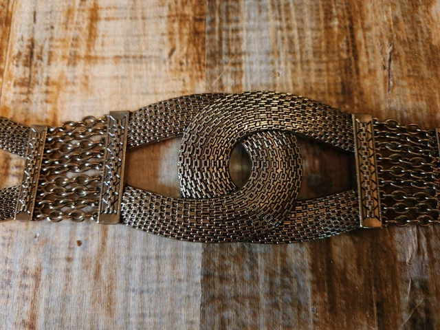 CHICO'S RARE SILVER Tone Art Deco MCM Interlocked Mesh Metal Chain Belt ...