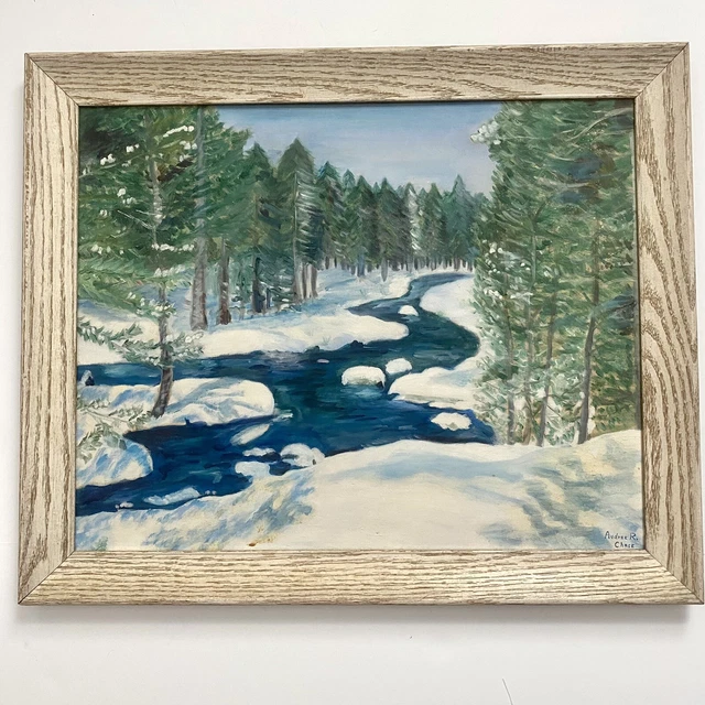 SNOWY CREEK LANDSCAPE Trees Winter Scene Oil Painting Vintage Signed ... SNOWY CREEK LANDSCAPE Trees Winter Scene Oil Painting Vintage Signed ...