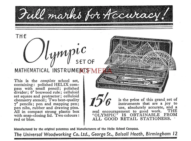 HELIX 'OLYMPIC' MATHEMATICAL Instruments Set ADVERT Small 1950s Ad 162/ ...