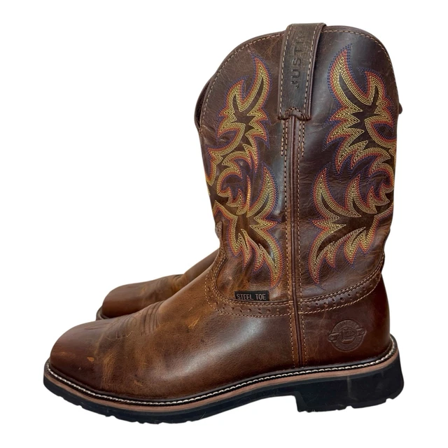 JUSTIN MEN SZ 12d Brown Steel Toe Driller Rugged Western 11" Work BOOTS ...