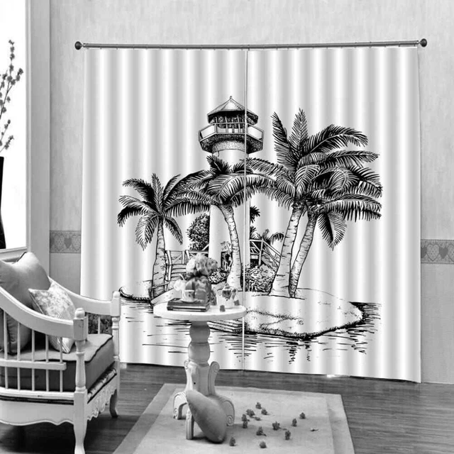 Island Coconut Tree Printing 3d Blockout Curtains Fabric Window Home