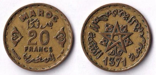 MÜNZE, MAROKKO 20 Franken, 1371 (1952) Französisches Protektorat (1921 - 1956) EUR 6,99 ...