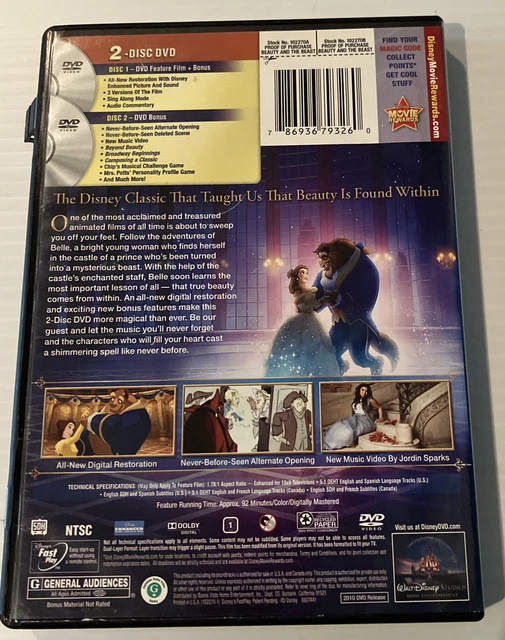 WALT DISNEY: BEAUTY and the Beast (DVD, 2010, 2-Disc Set) VG $6.91 ...