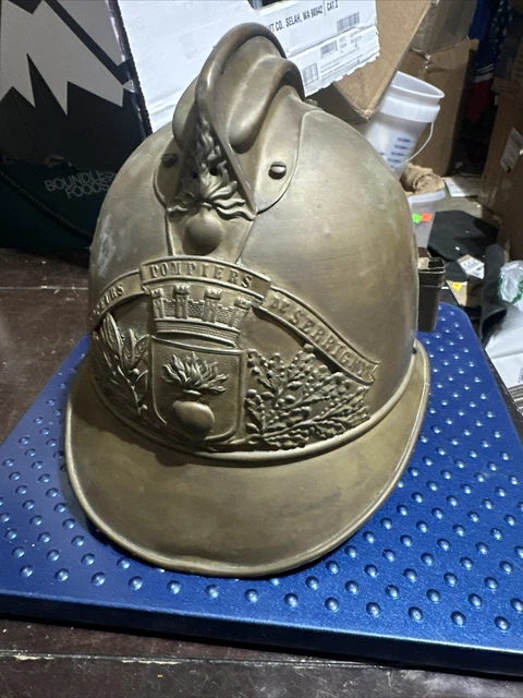 ANTIQUE 1800S FRENCH Fireman Helmet Brass Sapeurs Pompiers De Serrigny ...