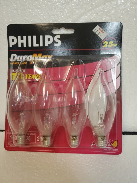 PHILIPS DURAMAX 25W Clear Candelabra Base BA9 Bent Tip Light Bulbs 4 ...