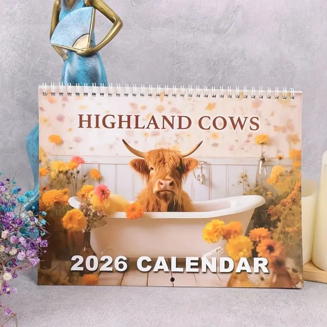 2026 HIGHLAND COW Calendar Scottish Cow in Bathtub Funny Calendar Dated ...