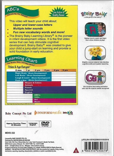BRAINY BABY ABC Introducing Alphabet DVD Region 0 Malaysia Release Age ...