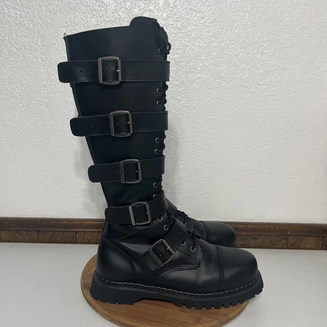 DEMONIA RIOT-18BK MEN’S Black Leather Goth Punk Fetish Steel Toe Boots ...