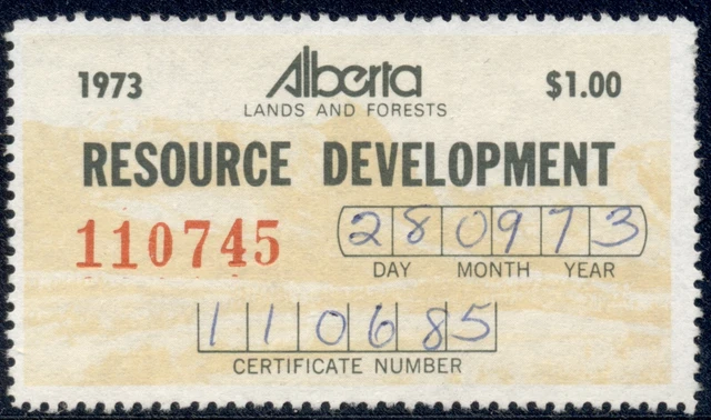 ALBERTA RESOURCE DEVELOPMENT stamp 1973 first issue $1.00 Van Dam #AWR1 ...