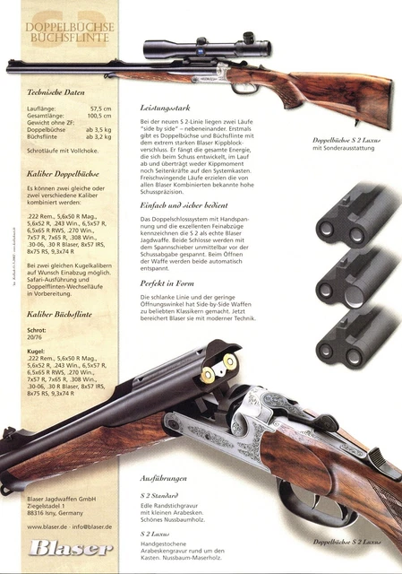 BLASER S2 DOPPELBÜCHSE Büchsflinte Prospekt 2002 3/02 D Gewehr brochure ...
