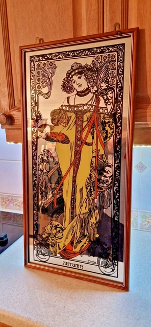 LARGE VINTAGE 1970'S ALPHONSE MUCHA AUTUMN MIRROR 64cm X 35cm VGC £72. ...
