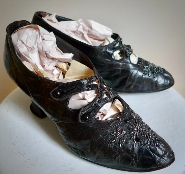ANTIQUE VICTORIAN EDWARDIAN Beaded BLACK Leather SHOES Vintage circa ...