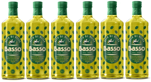 6ER-PACK BASSO OLIVENÖL,OLIO di Oliva,super zum Braten,1Lt Glasflaschen ...