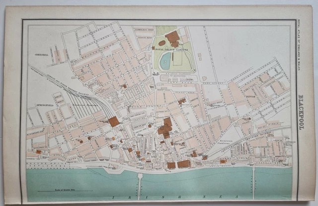 1897 VICTORIAN ANTIQUE Map Blackpool City Plan Pier Winter Garden Tower ...