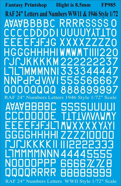 RAF NUMBERS AND Letters 24" transfers decals WWII & 1946- FP985 WHITE 1 ...