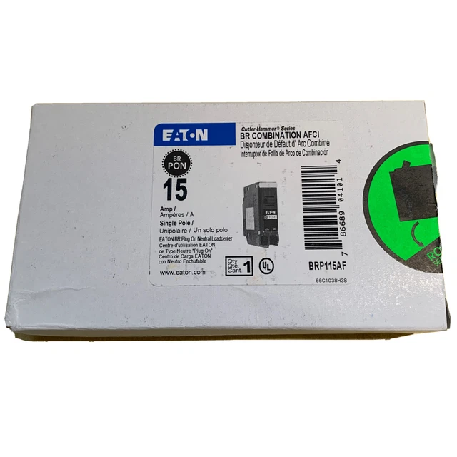 EATON BRP115AF 120V 15A AFCI BR PON Arc Fault Circuit Breaker 20 00 eaton-brp115af-120v-15a-afci-br-pon-arc-fault-circuit-breaker-20-00