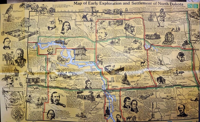PICTORIAL MAP ~ EXPLORATION & SETTLEMENT of NORTH DAKOTA, CUSTER ...