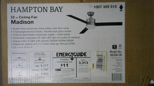 HAMPTON BAY MADISON 52 in. Integrated CCT LED Indoor Gold Ceiling Fan ...