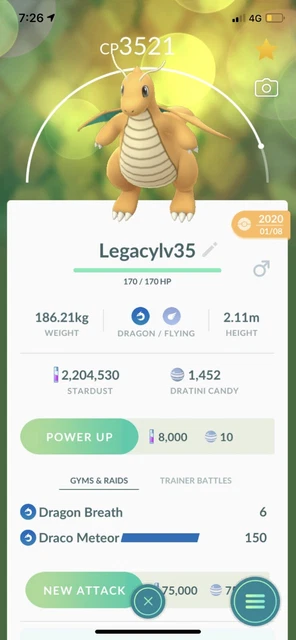 DRAGONITE LEGACY DRACO Meteor Move Level 35 Pokemon Trade Go Pokémon Go ...