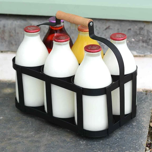 MILK BOTTLE HOLDER Metal Vintage Carrier Rack Wooden Handle Retro 6 ...