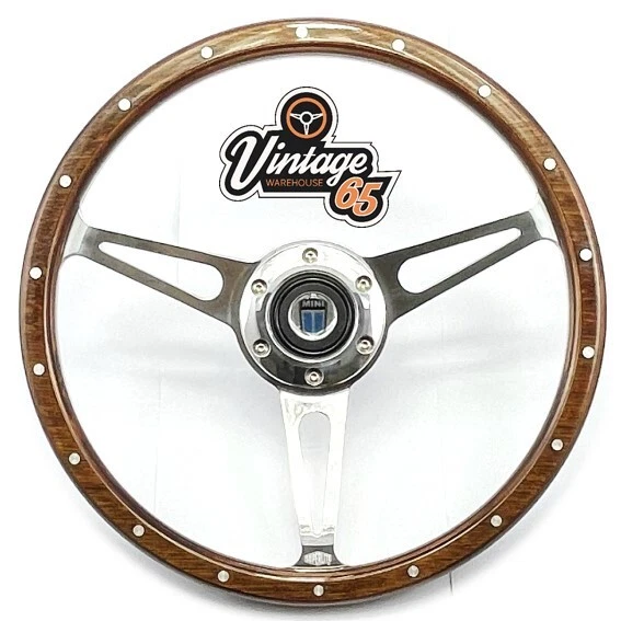STEERING WHEEL & Boss Fitting Kit 13" Wood Rim Polished Alloy Austin ...