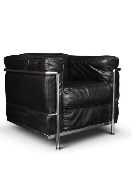 LE CORBUSIER LC2 Black Leather Armchair With Tubular Chrome Shaped ...
