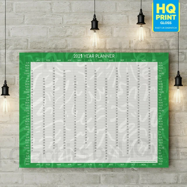 2021 ANNUAL WALL Chart Calendar Year Planner In Green | A5 A4 A3 A2 A1 ...