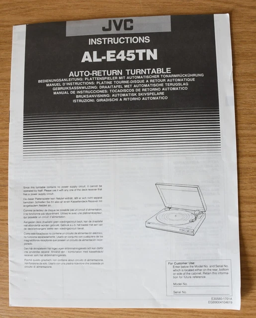 JVC AL-E45TN INSTRUCTIONS Book English and Multi Languages Auto Return Turntable £7.00 - PicClick UK
