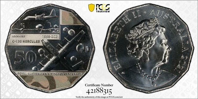 2021 AUSTRALIA 50C Centenary of the RAAF C-130 Hercules PCGS MS67 #8315 ...
