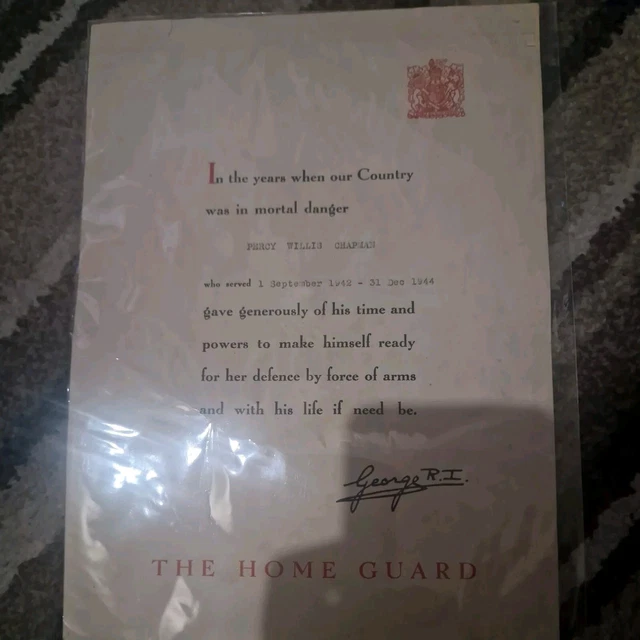 HOME GUARD CERTIFICATE ww2 British home front PERCY WILLIS CHAPMAN £12. ...