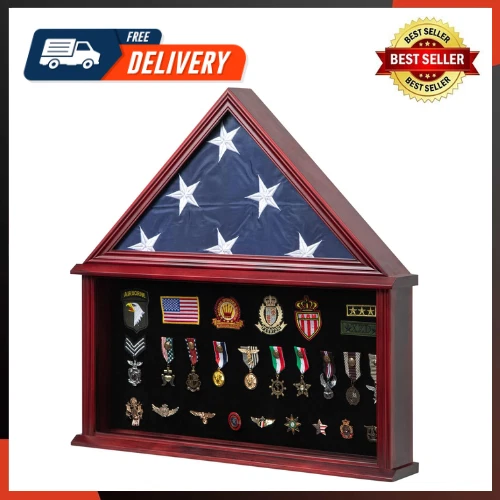 LARGE MILITARY SHADOW Box Solid Wood Burial Flag Display Case Mahogany ...